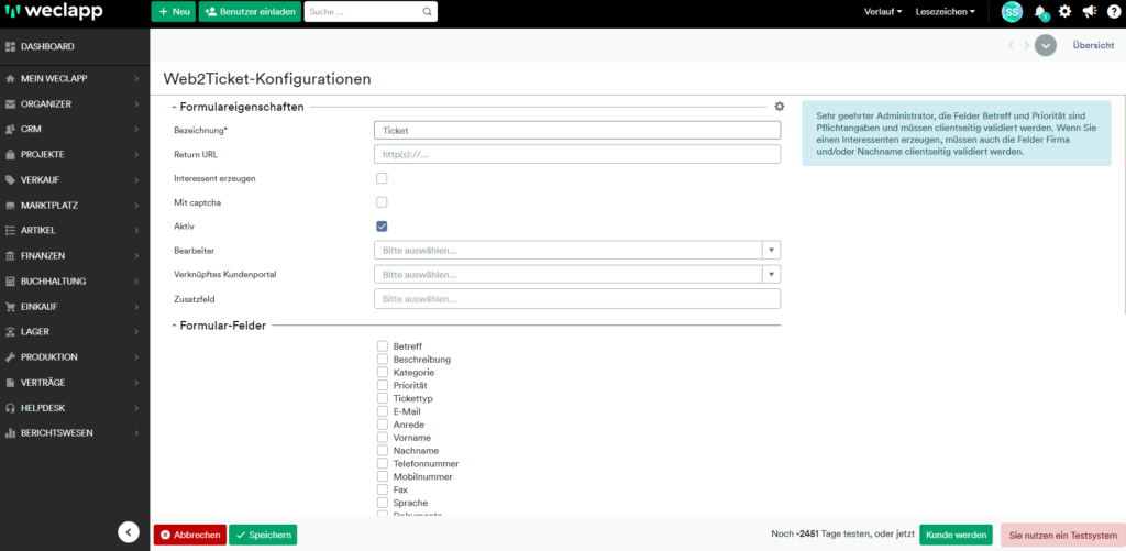 Wie funktioniert die Web2Ticket Konfiguration? - weclapp Support Portal